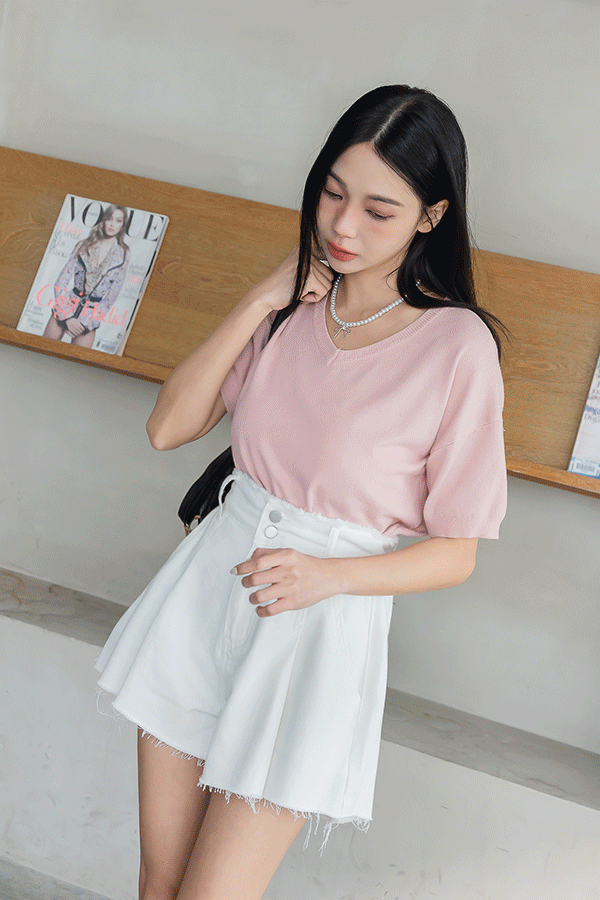 現貨 V領素面短袖包芯紗針織上衣 - PUFII｜網路流行時尚女裝｜官網