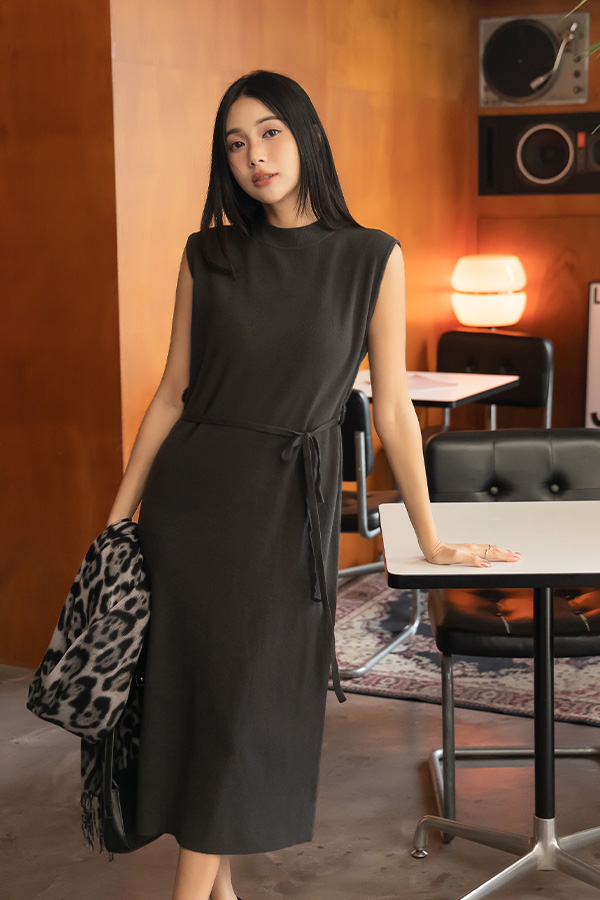 無袖立領安迪絨針織連身裙洋裝(附綁帶) - PUFII｜網路流行時尚女裝｜官網