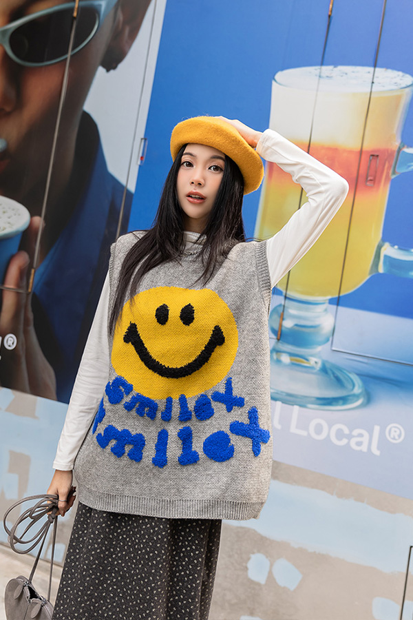笑臉微笑刺繡QQ毛針織無袖背心上衣 - PUFII｜網路流行時尚女裝｜官網