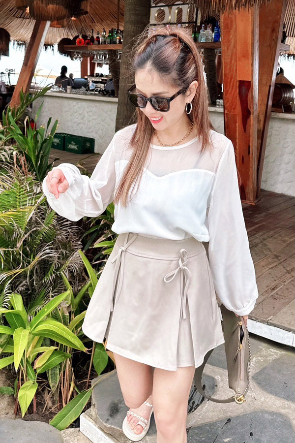 假兩件透膚網紗拼接雪紡長袖桃心領上衣 - PUFII｜網路流行時尚女裝｜官網