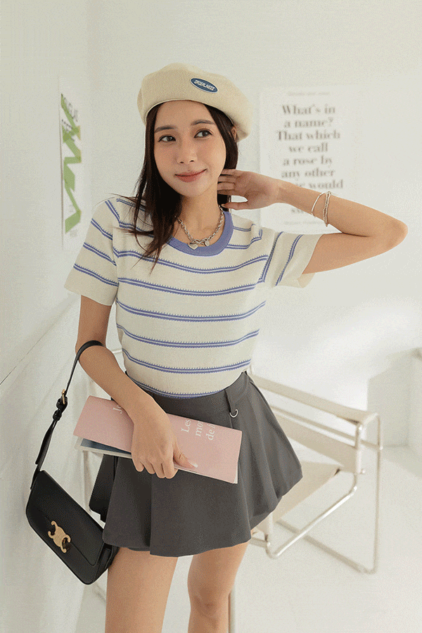 圓領橫條紋短袖針織上衣 - PUFII｜網路流行時尚女裝｜官網