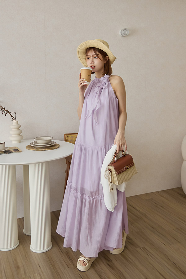 削肩後綁帶連身裙長洋裝(附別針緞帶) - PUFII｜網路流行時尚女裝｜官網