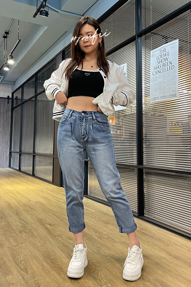 單釦壓摺線棉彈哈倫褲牛仔褲 - PUFII｜網路流行時尚女裝｜官網